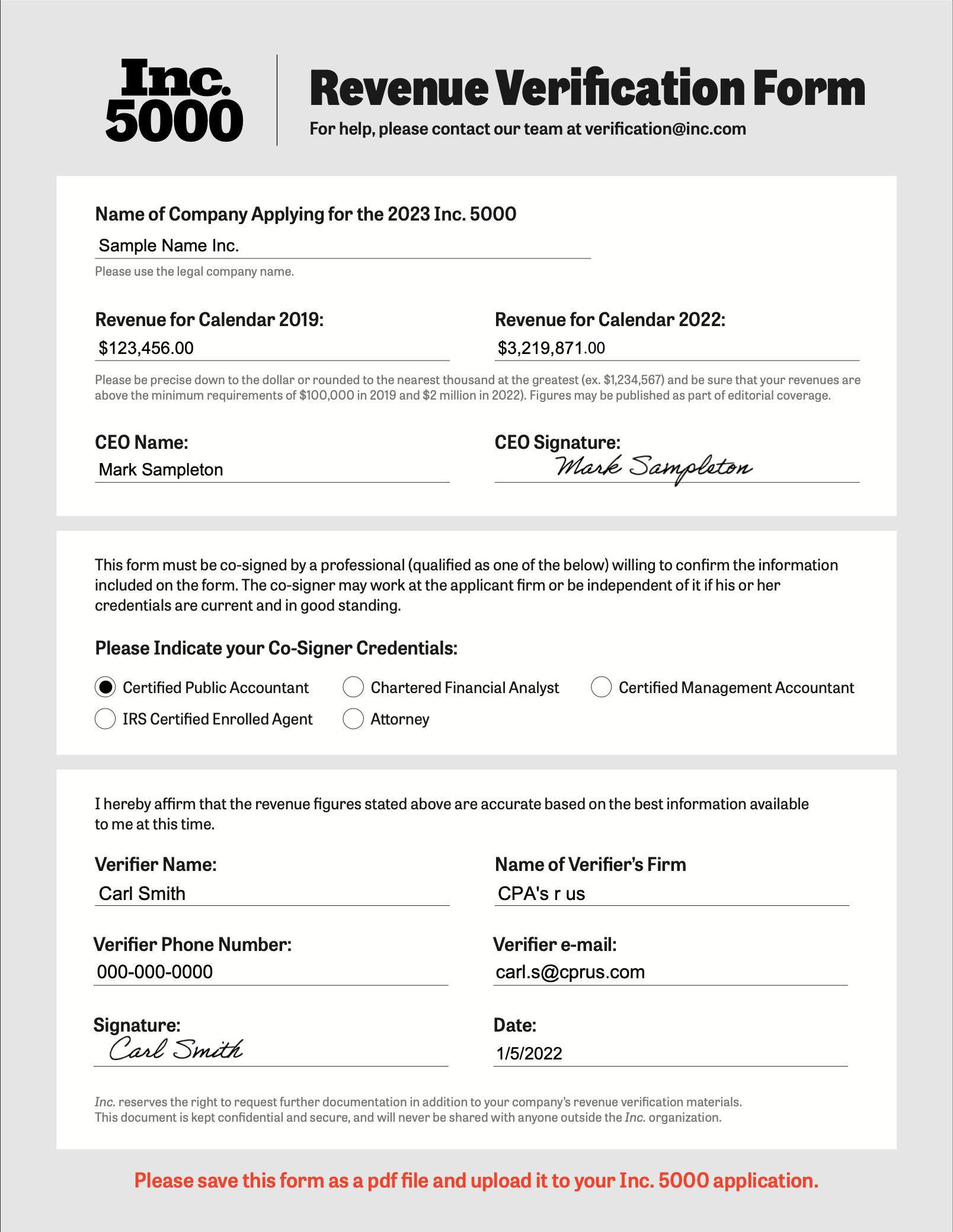 Inc. 5000 | What are the acceptable forms of Revenue Verification ...