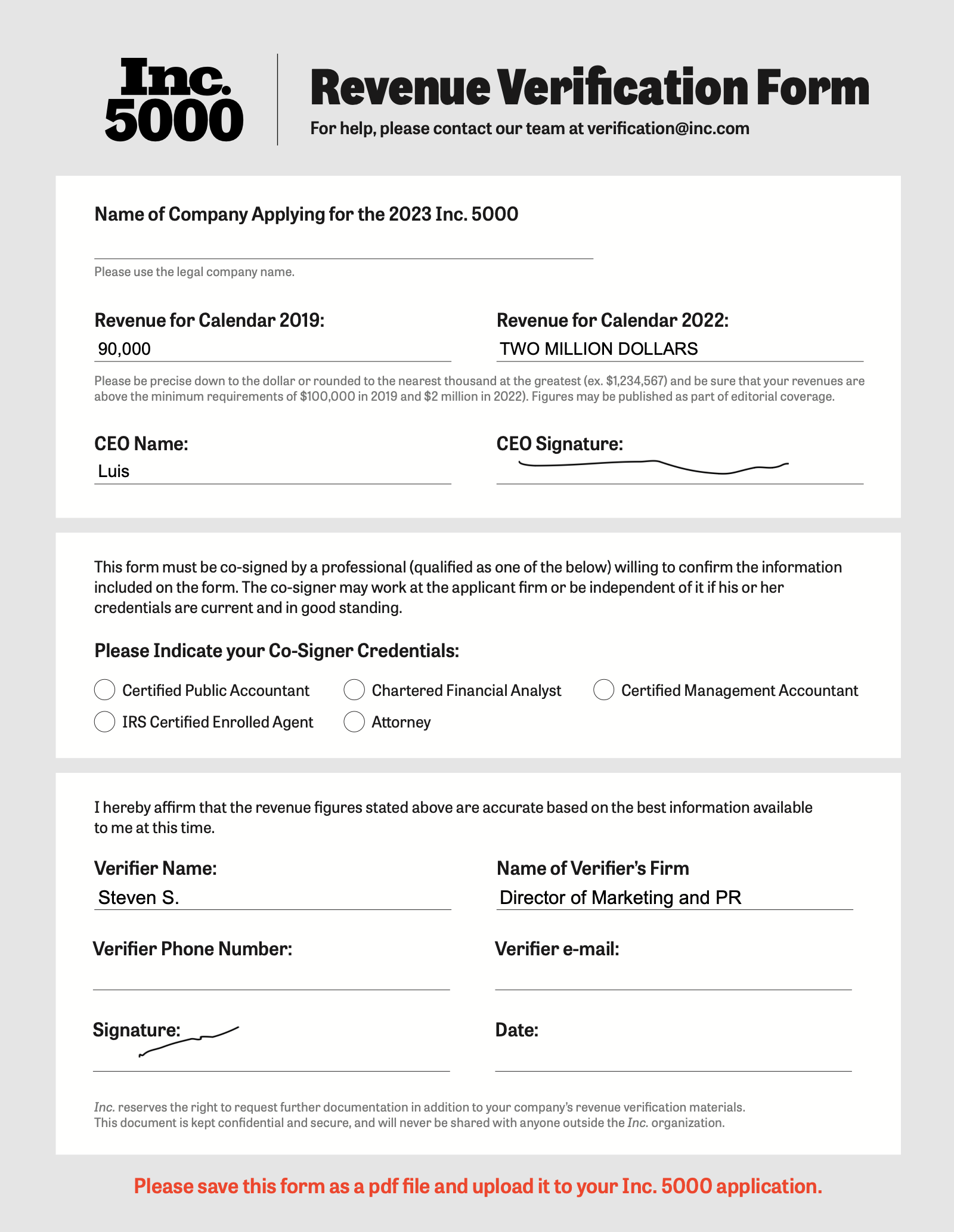 Inc. 5000 | What are the acceptable forms of Revenue Verification ...